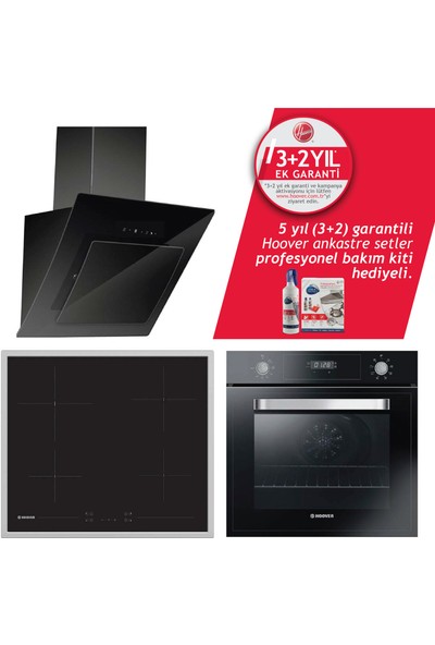 Hoover 3lü Ankastre Set Siyah (HOT3061BI/E Ankastre Fırın + HH64FC Ankastre Ocak + HDM 656 BTK Davlumbaz)