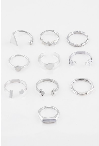 Sortie Çelik Üçgen, Zeytin Dalı ve Kalp Figürlü Zirkon Taşlı 10'lu Yüzük Kombini 011 Sortie Çelik Üçgen, Zeytin Dalı ve Kalp Figürlü Zirkon Taşlı 10'lu Yüzük Kombini 011