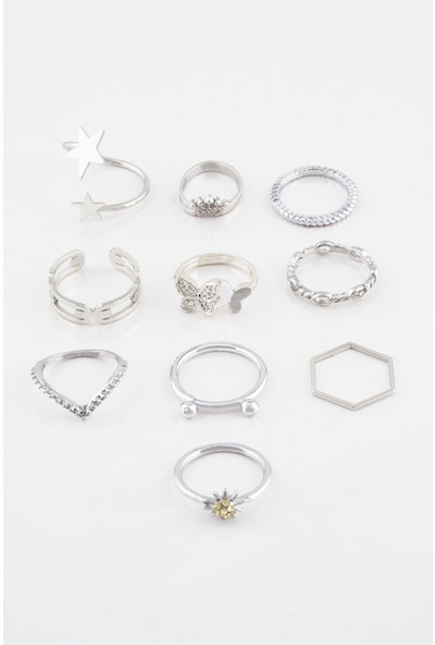 Sortie Kelebek, Yıldız ve Kraliyet Tacı Figülü Zirkon Taşlı 10'lu Yüzük Kombini 012