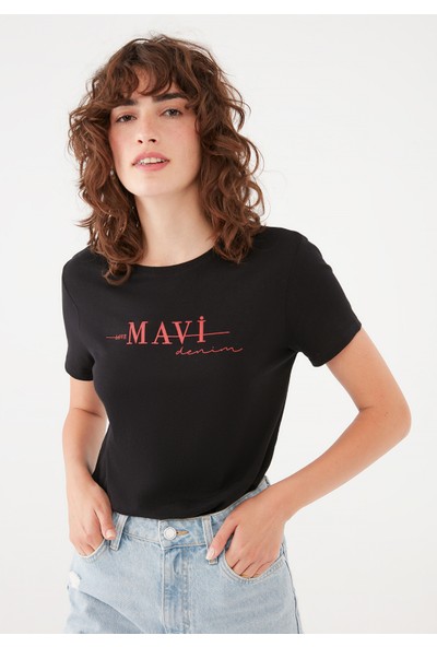 Mavi Baskılı Siyah Tişört