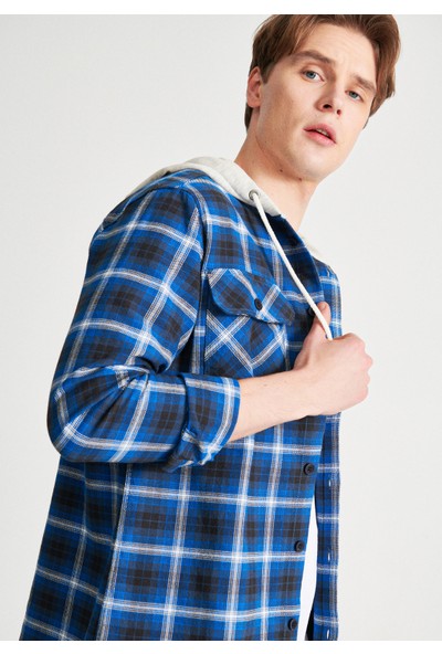 Mavi Erkek Kapüşonlu Kareli Mavi Gömlek 0210066-80778