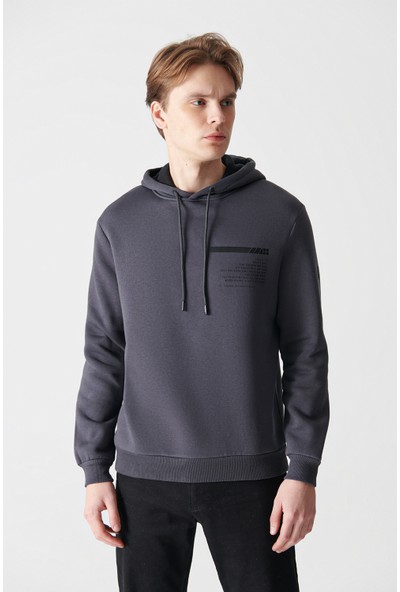 Avva Erkek Antrasit Kapüşonlu Yaka Baskılı Sweatshirt A12Y1076