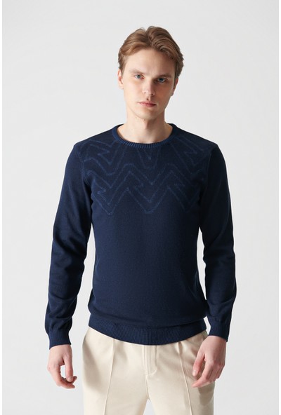 Avva Erkek Lacivert Bisiklet Yaka Jakarlı Kazak A12Y5037