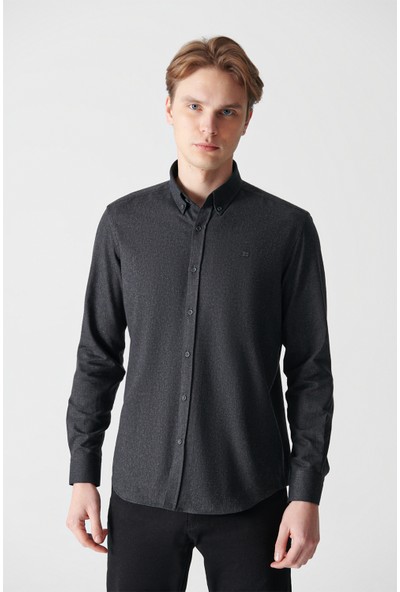 Avva Erkek Antrasit Düz Düğmeli Yaka Comfort Fit Gömlek E002003