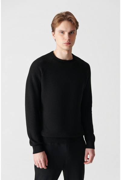 Avva Erkek Siyah Bisiklet Yaka Jakarlı Kazak A12Y5001