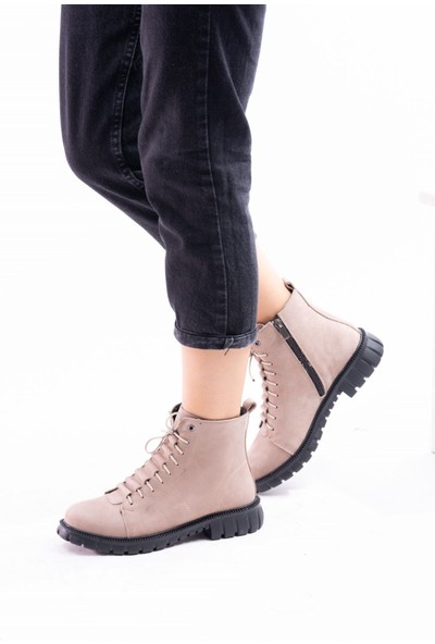 Tuğrul Ayakkabı Deri Bağcıklı ve Fermuarlı Vizon Kadın Bot