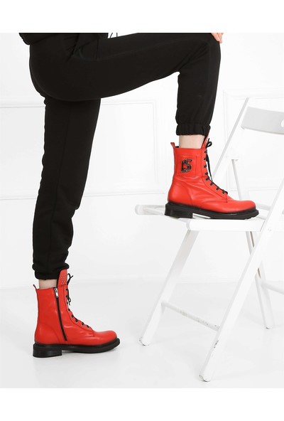 Cassido Shoes Hakiki Deri Trop Detaylı Özel Tasarım Fermuarlı Kırmızı Kadın Bot