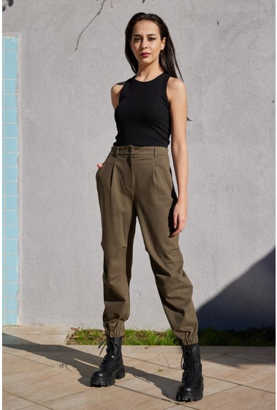 Lars Butik Kadın Haki Renk Beli Lastikli Paça Detaylı Keten Jogger Pantolon
