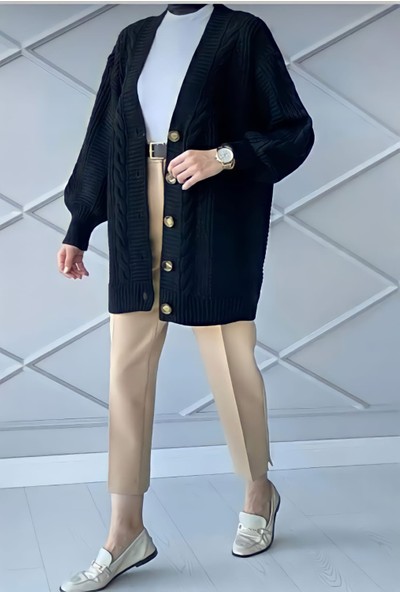 Vivoon Kadın Siyah Kalın Saç Örgülü Triko Hırka