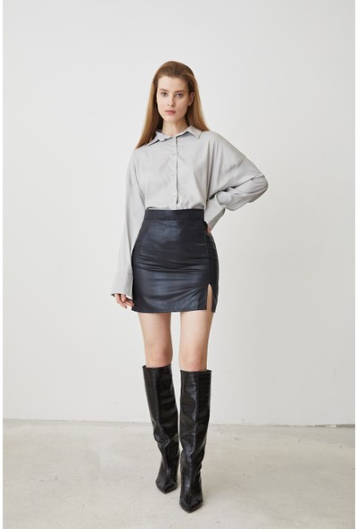 Lime Moda Puantiye Desen Deri Etek-Siyah