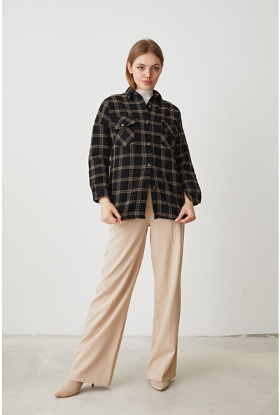 Lime Moda Çift Cep Detaylı Gömlek-Siyah