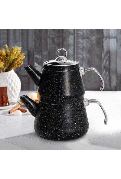 Porsima Aras Metal Kulplu Orta Boy Granit Çaydanlık Siyah