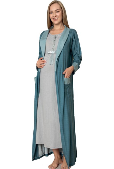 Hayal Yeşil - Gri Renk Lohusa Gecelik Takım Hayal Sepeti JNK-49214 Sabahlıklı 2 Li Hamile Geceliği