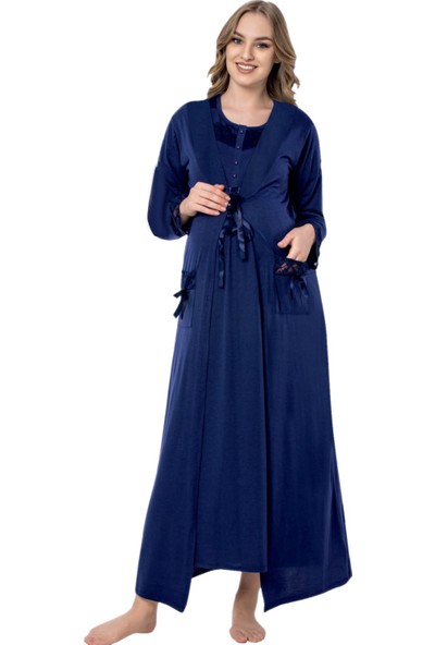 Hayal Lacivert Renk Lohusa Gecelik Takım Hayal Sepeti JNK-36414 Sabahlıklı 2 Li Hamile Geceliği