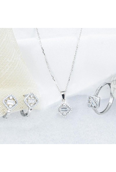 Bilezikci Baget Taşlı 14 Ayar Beyaz 3'lü Altın Set