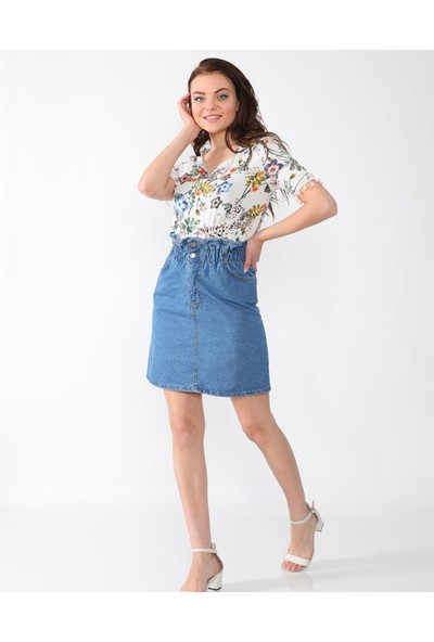 Fav Style Kadın Yüksel Bel Lastikli Denim Etek