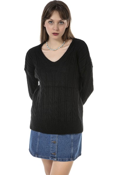 Modesta Kadın Örgü Desenli Triko V Yaka Kazak