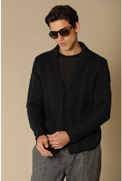 Lufian Ceket Yaka Cepli-Düğmeli Lacivert Erkek Hırka 112100024