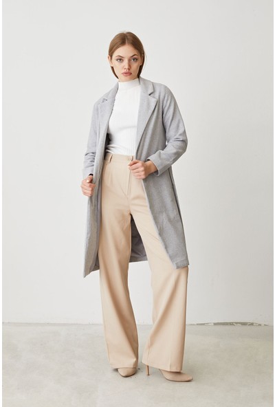 Lime Moda Kuşaklı Kaşe Kaban-Gri