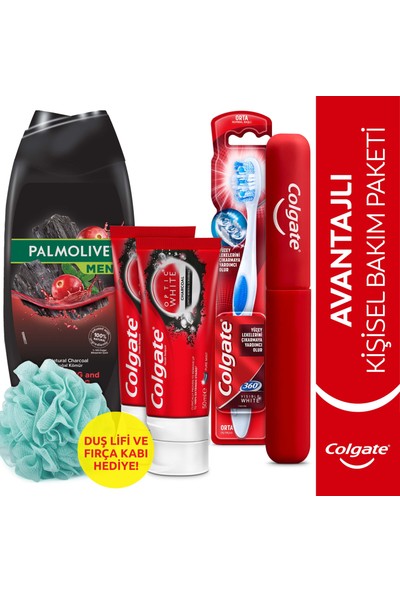 Colgate Beyazlatıcı Diş Macunu 50 ml X2, Orta Diş Fırçası, Palmolive Men Duş Jeli 500 ml + Duş Lifi Colgate Beyazlatıcı Diş Macunu 50 ml X2, Orta Diş Fırçası, Palmolive Men Duş Jeli 500 ml + Duş Lifi