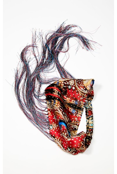 Lila Rosa Desenli Saf Ipek Püsküllü Saç Bandı