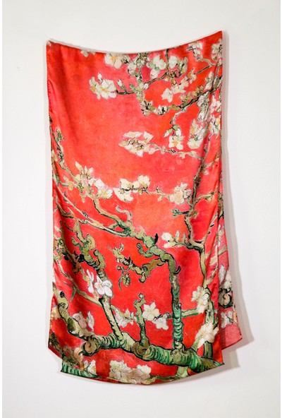 Lila Rosa Van Gogh Desenli Saf Ipek Şal