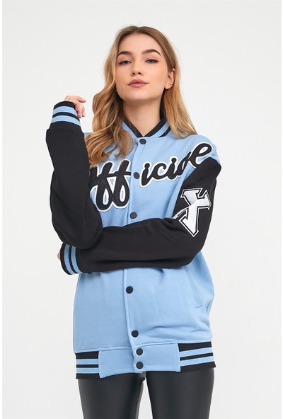 Tarz Cool Mavi-Siyah Kadın Nakış Detaylı Kolej SWEATSHIRT-KLJJCCKTR03S