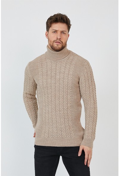Tarz Cool Bej Erkek Örgü Desenli Balıkçı Yaka Triko KAZAK-TRZ8146R05S Tarz Cool Bej Erkek Örgü Desenli Balıkçı Yaka Triko KAZAK-TRZ8146R05S