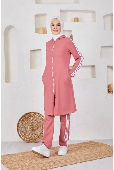 Burcu Tesettür Önden Fermuarli Testtür Eşofman Takımı TRN1018 Pudra