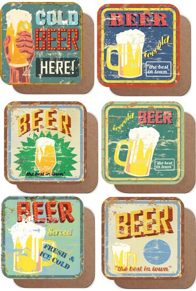 Hayat Poster Soğuk Bira Burada Retro 6lı Ahşap Bardak Altlığı Seti