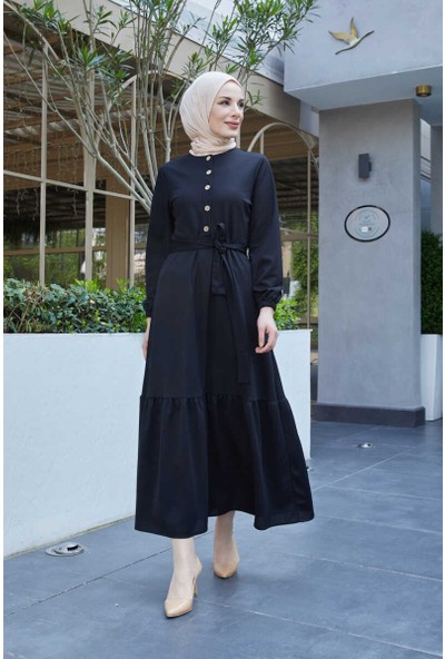 Burcu Tesettür Eteği Fırfırlı Elbise ERW1003 Siyah