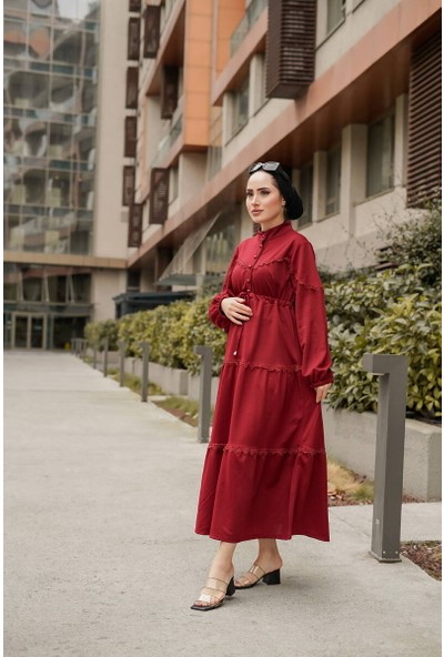 Burcu Tesettür Güpür Detay Balon Kol Elbise BRC10349 Bordo