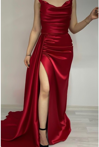 Lady Coco Kadın Kırmızı Yırtmaçlı Saten Abiye