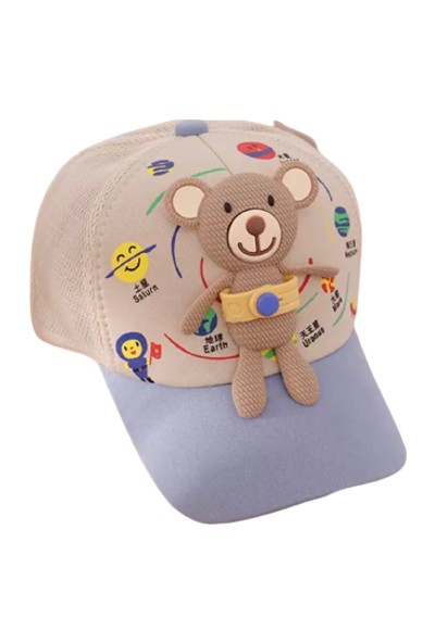 Soft and Baby Mavi -Bej Silikon Ayıcıklı Kasket Şapka