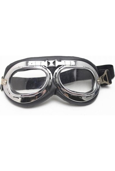 Vintage Pilot Krom Motosiklet Bisiklet Spor Yarım Kask Gözlük Temizle