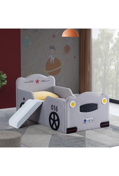 Setay Montessori Karyola, Star Car Grey Kaydıraklı Çocuk Karyolası, Kumaş Kaplı Montessori Yatak