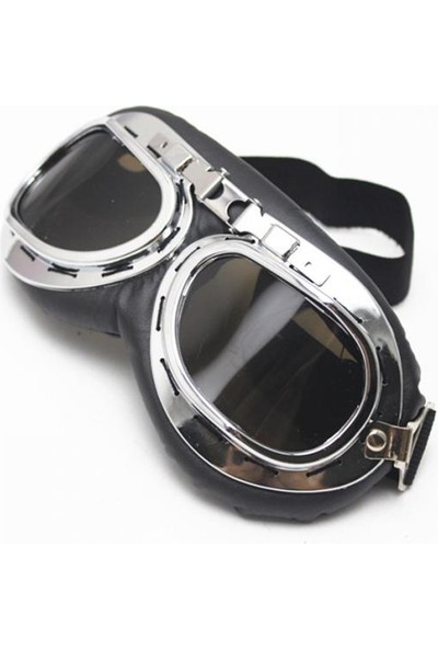 Vintage Pilot Krom Motosiklet Spor Yarım Kask Gözlük Koyu Kahverengi