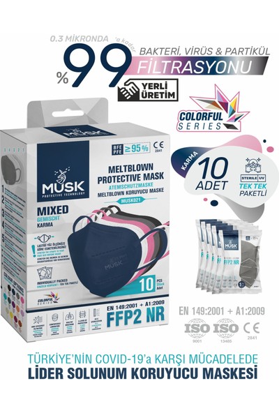 Musk FFP2/N95 Maske Mix Renk 10 Adet