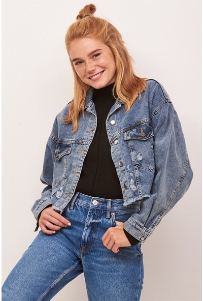 Never More Crop Yırtık Detaylı Mavi Kot Ceket