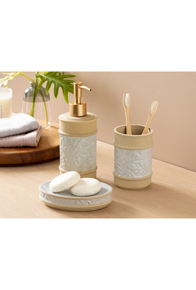 English Home Leaf 3'lü Banyo Seti 8 x 8 x 20 + 7 x 7 x 10 + 14 x 10 x 3 cm Gri