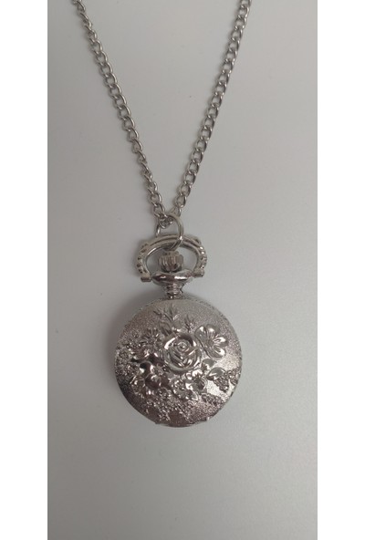 Otantik Depo Gül Desenli Gümüş Renk Köstekli Saat Kolye