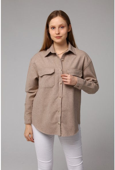 Northist Oversize Cepli Kadın Düz Kaşe Gömlek