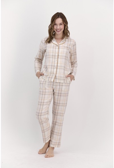 Pierre Cardin Ekoseli Kremmelanj Kadın Gömlek Pijama Takımı