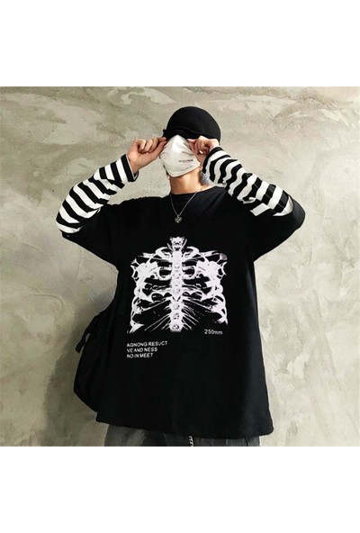 Agnong Resuct Siyah (Unisex) Çizgili Kollu T-Shirt