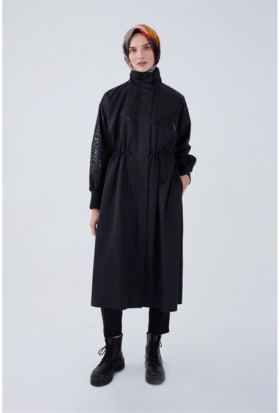 Levidor Bayan Baskılı Siyah Trençkot