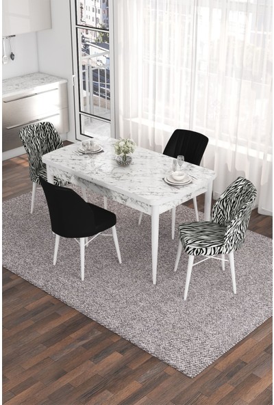 Canisa Concept Eva Serisi, 80X132 Açılabilir Mdf Mutfak Masa Takımı, Beyaz Mermer Desen Masa ve 4 Sandalye