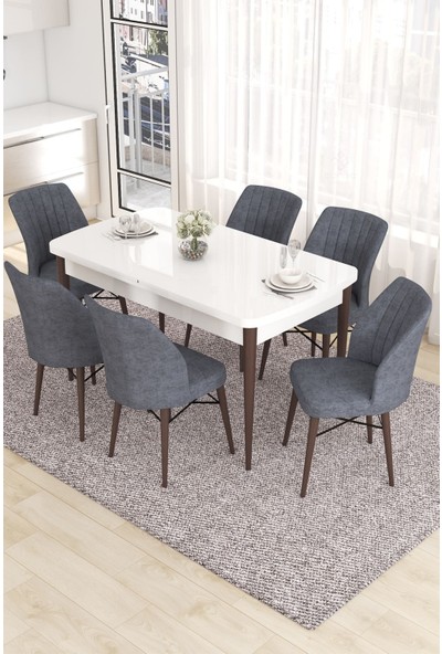 Canisa Concept Eva Serisi, 80X132 Açılabilir Mdf Mutfak Masa Takımı, Beyaz Masa Ceviz Ayak ve 6 Sandalye