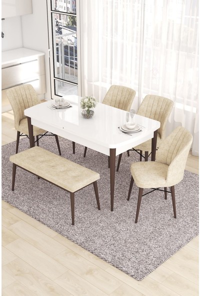 Canisa Concept Eva Serisi, 80X132 Açılabilir Benchli Mdf Beyaz Mutfak Masa Takımı,ceviz Ayak ,4 Sandalye 1 Bench