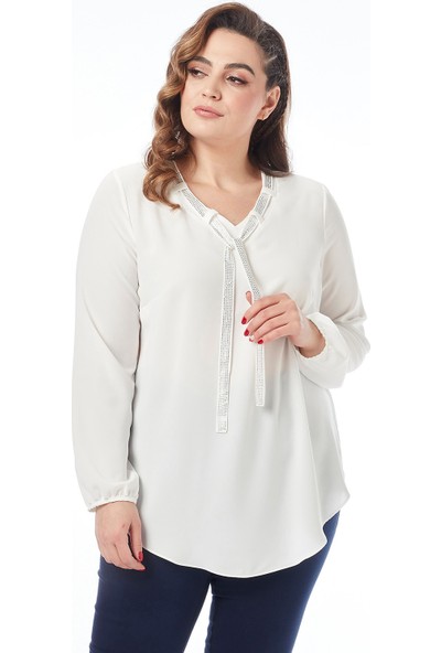 Beyaz Yaka Taşlı Bağlamalı Büyük Beden Şık Bluz Beyaz Yaka Taşlı Bağlamalı Büyük Beden Şık Bluz