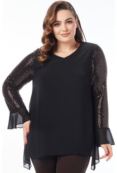 Bakır- Siyah Kolları Parlak Şık Asimetrik Kesim Şifon Büyük Beden Bluz